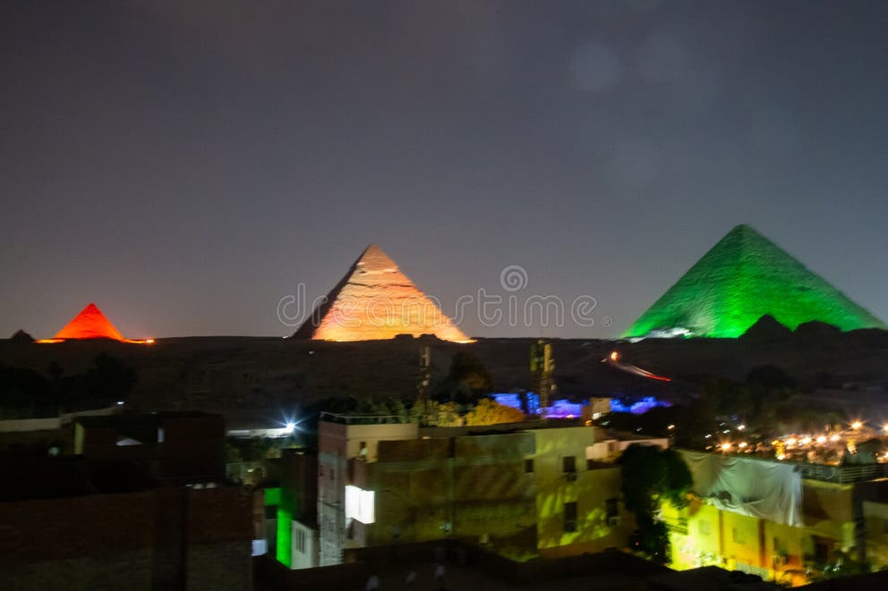 Great Pyramid Complex Enlighted at Night, Giza, Egypt Stock Photo ...