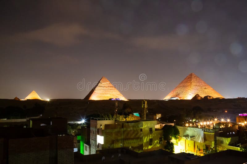 Great Pyramid Complex Enlighted at Night, Giza, Egypt Stock Photo ...
