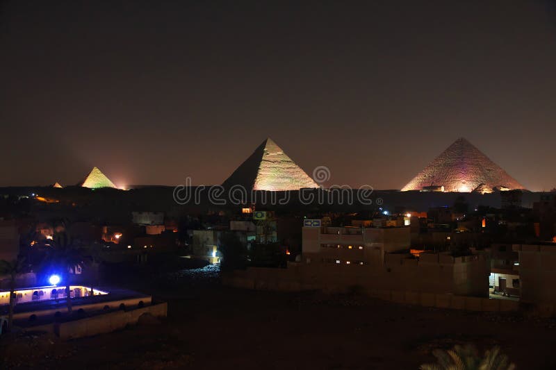 Great Pyramids of Ancient Egypt in Giza, Cairo at Night Stock Image ...