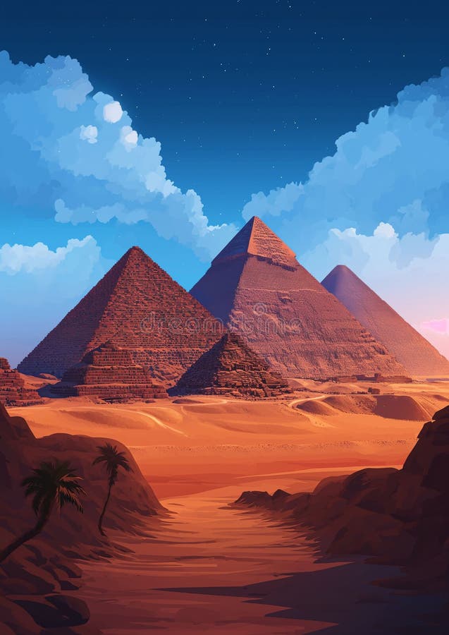 Great Pyramids of Giza at Sunset with Clear Blue Sky and Fluffy Clouds ...