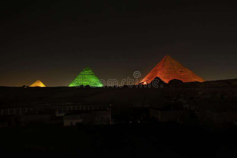 Great Pyramids of Giza in the Night Laser Light during the Evening Show ...