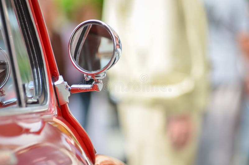 Great Red Oldtimer Vintage Car Detail: Mirror with Blur Copyspace Stock ...