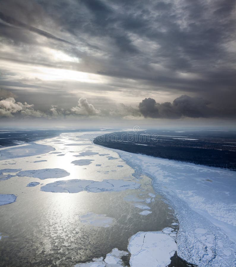 Great River with Floating Ice Floes Stock Image - Image of block ...