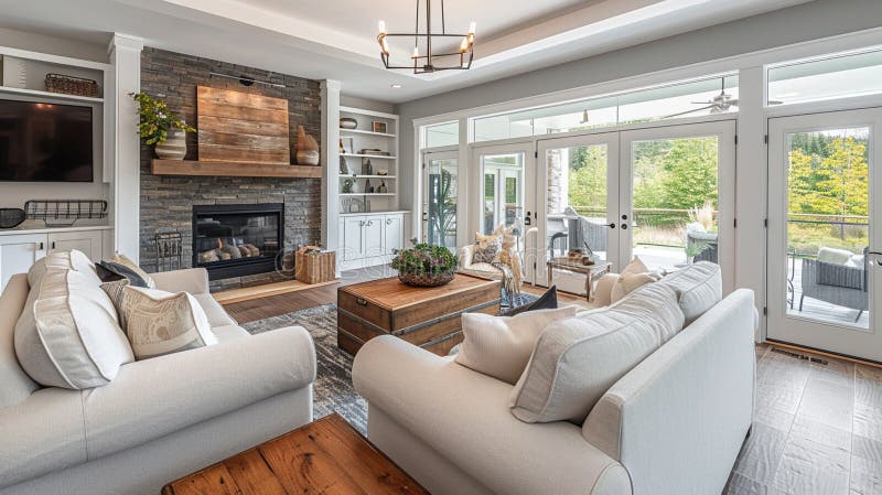 Great Room with Fireplace and French Doors. Generative Ai Stock Illustration - Illustration of ...