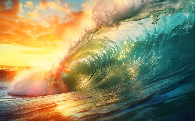 Great Sea Water Ocean Wave at Sunset, Ai Generative Illustration Stock ...