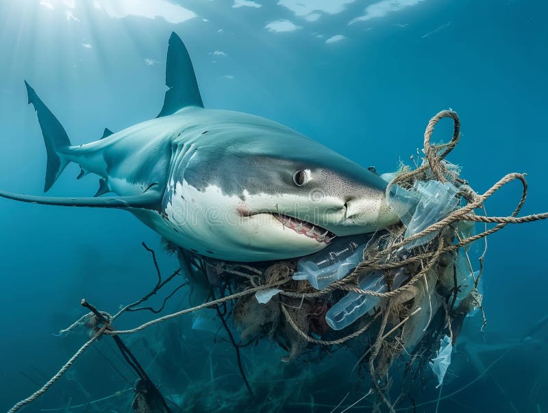The Great Shark in Plastic Garbage. the Concept of Ocean Pollution and ...