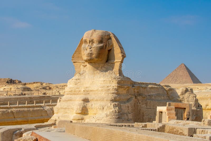 Great Sphinx and Great Pyramid of Cheops, Cairo, Egypt. Ancient Statue ...