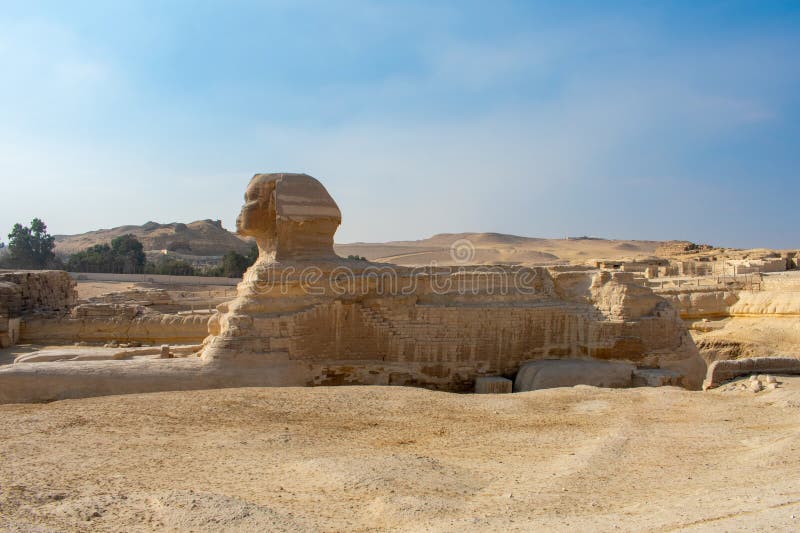 Great Sphinx and Great Pyramid of Cheops, Cairo, Egypt. Ancient Statue ...