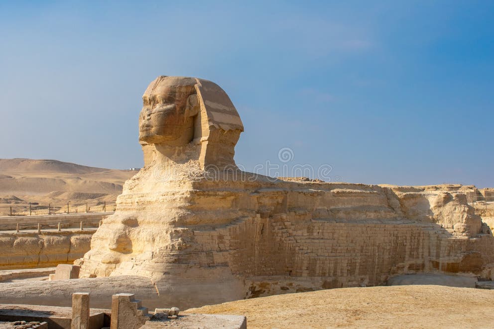 Great Sphinx and Great Pyramid of Cheops, Cairo, Egypt. Ancient Statue ...
