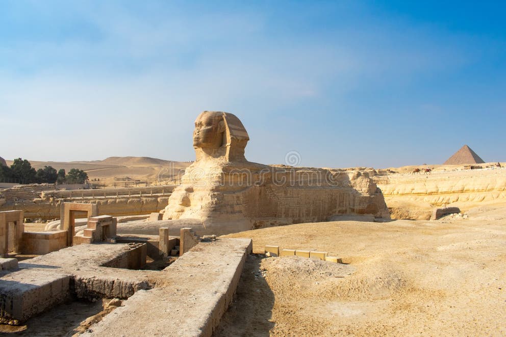 Great Sphinx and Great Pyramid of Cheops, Cairo, Egypt. Ancient Statue ...