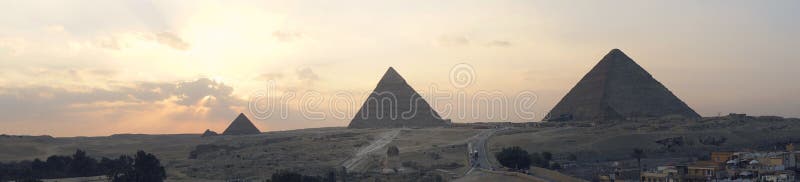 Great Sphinx and Pyramids Under Bright Sun. Panoramic View of the Giza ...