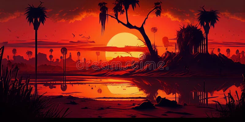 Great Sun at Sunset in the Swamp. Stock Illustration - Illustration of ...