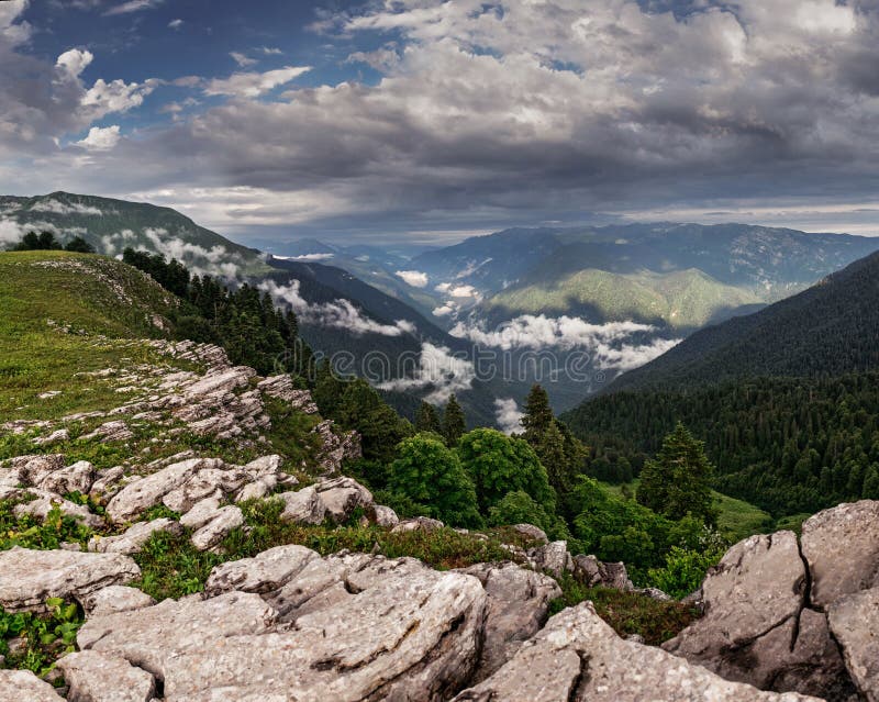 View from the Mountain Peak on Rocky Cliff with Forest and Fog Stock ...