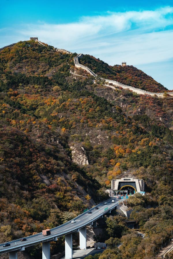The Great Wall is Built Over a Bridge in the Distance Stock Image ...