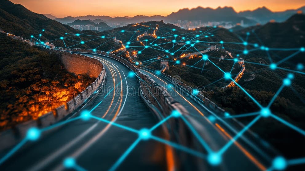 Great Wall of China Digital Network of Nodes Spanning Ancient Structure ...