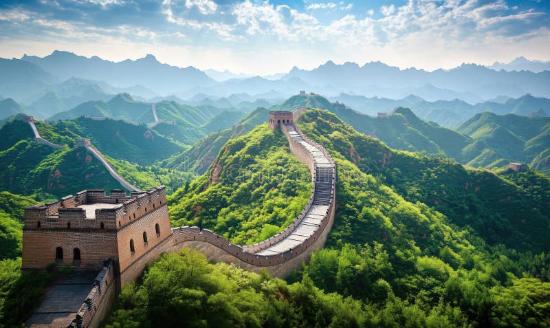 Great Wall of China Winding through Lush Green Mountains Under a ...