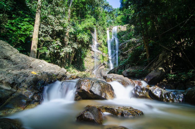 Great Waterfalls in the Middle of the Evergreen Forest. Stock Image ...