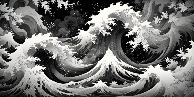 Great Wave, Black and White Stock Illustration - Illustration of design ...