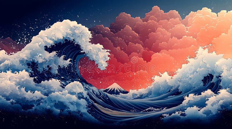 Great Wave Crashing Against Mount Fuji at Sunset, Stylized Digital Art ...