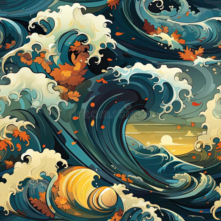 The Great Wave Pattern with Autumn Leaves Floating on the Sea (tiled ...