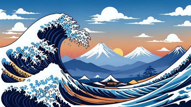 Great Wave Vector Sunset Illustration. Great Wave with Mount Fuji after ...
