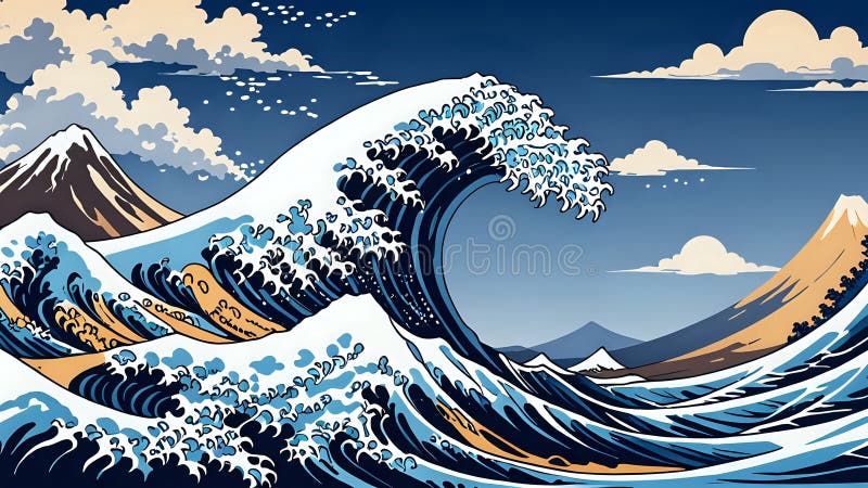Great Wave Vector Sunset Illustration. Great Wave with Mount Fuji after ...