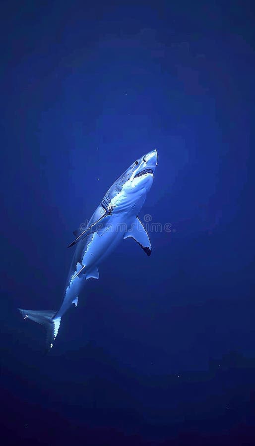 A Great White Shark Ascends from the Deep Blue Ocean, Evoking Awe and ...
