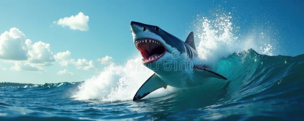 Great White Shark Breaches, Explosive Ocean Spray , Shark, Tooth Stock ...