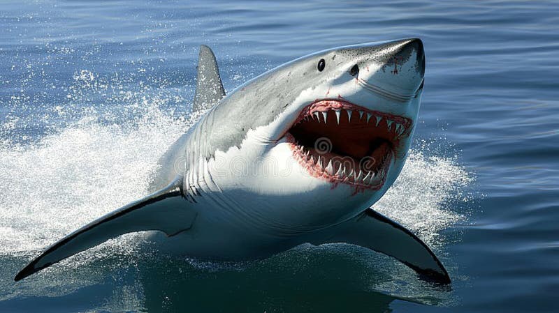 Great White Shark Breaches Ocean Surface, Mouth Agap Displaying Rows of ...