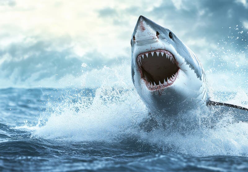 Great White Shark Breaching Ocean Surface Dramatic Lighting Stock ...