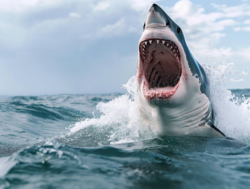 Great White Shark Breaching Ocean Surface Stock Photo - Image of ...