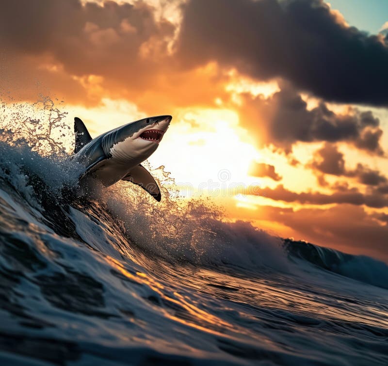 Great White Shark Breaching Ocean Surface at Sunset, Dramatic Waves and ...