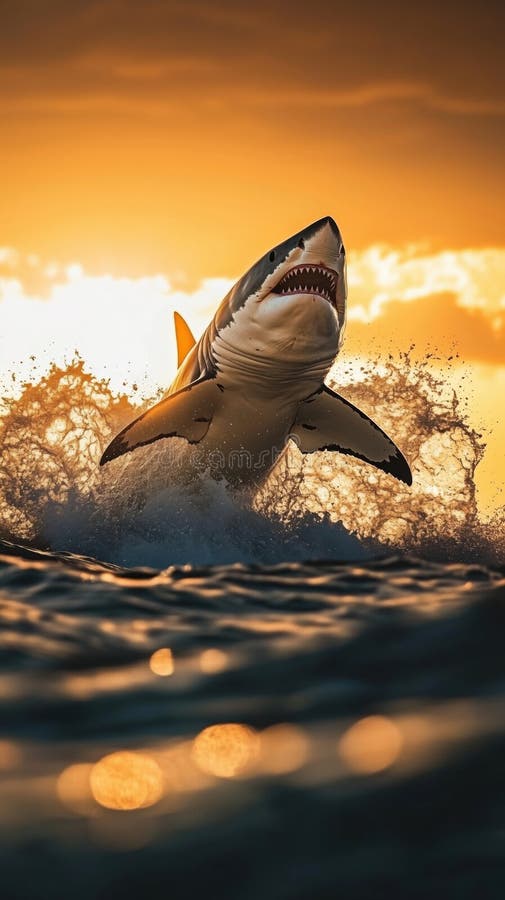 Great White Shark Breaching Ocean Surface at Sunset, Showcasing ...