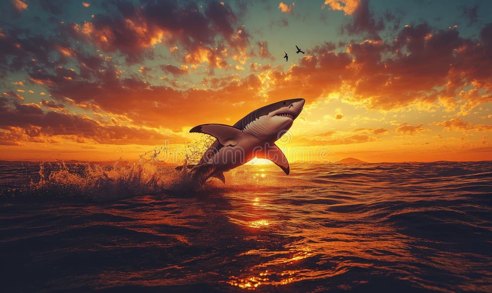 Great White Shark Breaching at Sunset Over Ocean Waves with Dramatic ...