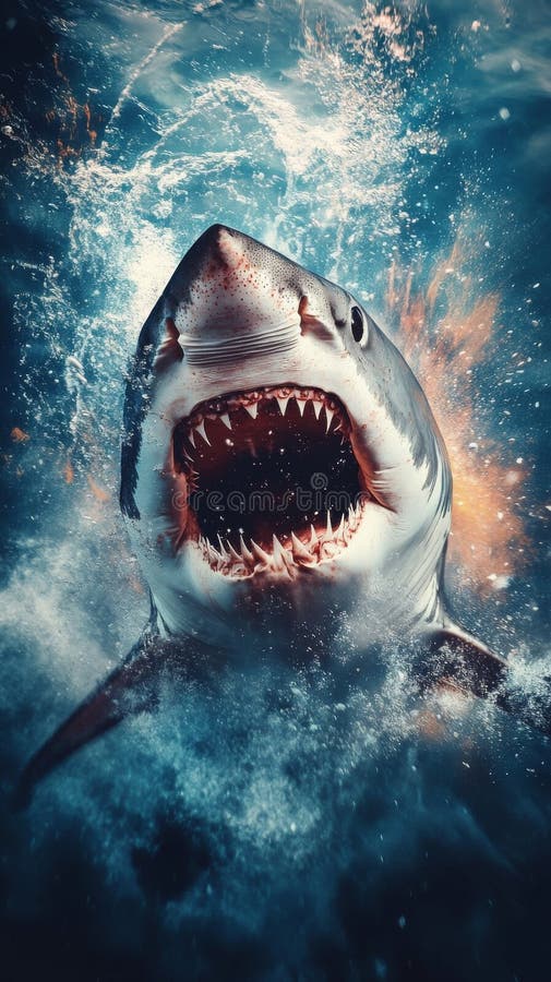 Great White Shark Breaching Water, Dramatic Ocean Scene Stock Image ...