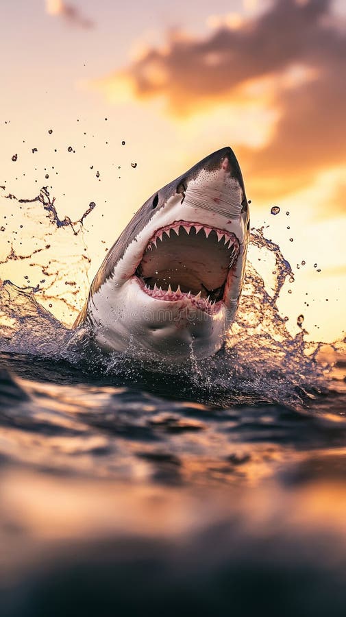 Great White Shark Breaching Water at Sunset, Dramatic Wildlife Scene ...