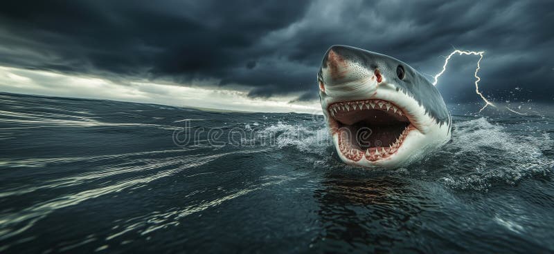 Great White Shark Breaching Water Under Stormy Sky with Lightning Stock ...