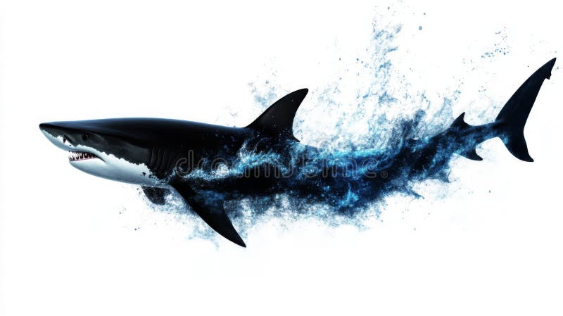 Great White Shark Breaking Water Surface Splashing Abstract Blue Black ...