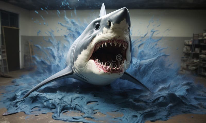 Great White Shark Bursting through Ocean Art Installation Stock ...