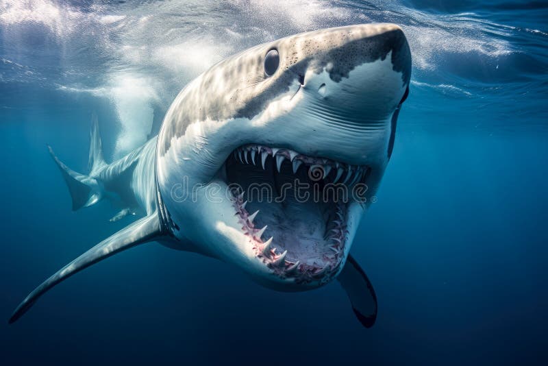 Great White Shark - Carcharodon Carcharias - in Blue Water Stock ...