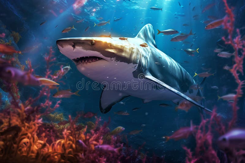 Great White Shark (Carcharodon Carcharias) in a Coral Reef Stock ...