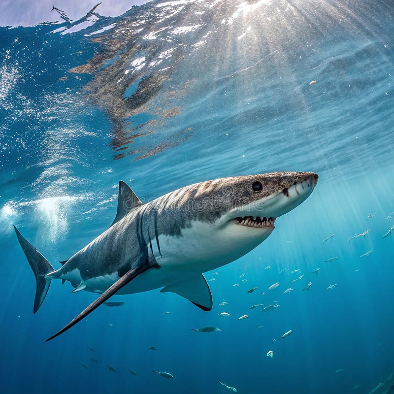 A Great White Shark, a Grey Predator with Sharp Teeth, Swims in the ...