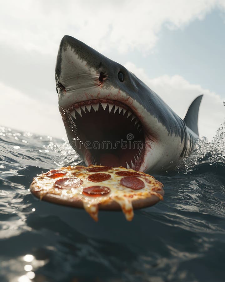 Great White Shark Eating Pepperoni Pizza in the Ocean Stock Photo ...