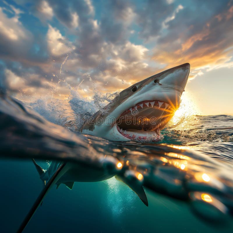 A Great White Shark is Emerging from the Water, Displaying Its Open ...