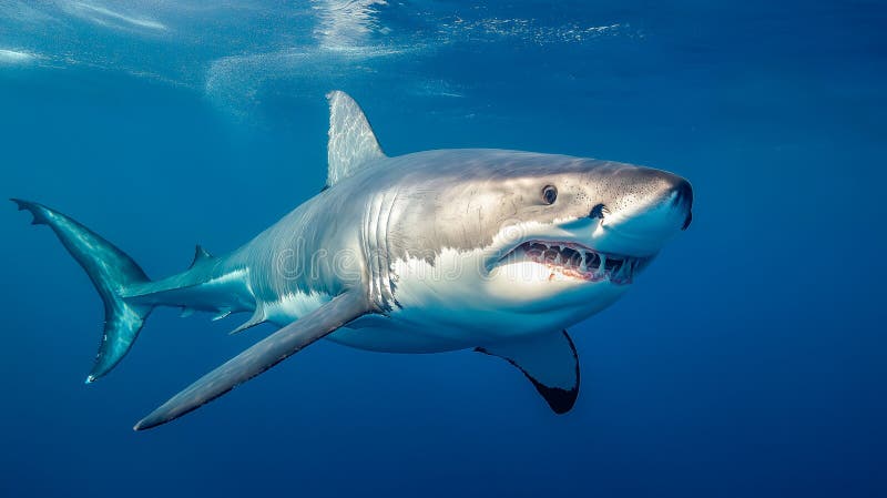 Great White Shark Swimming in Deep Ocean Waters, Showcasing an ...