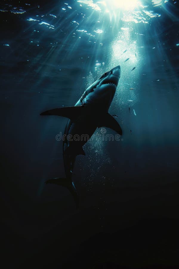 A Great White Shark Gliding through the Open Ocean Stock Image - Image ...