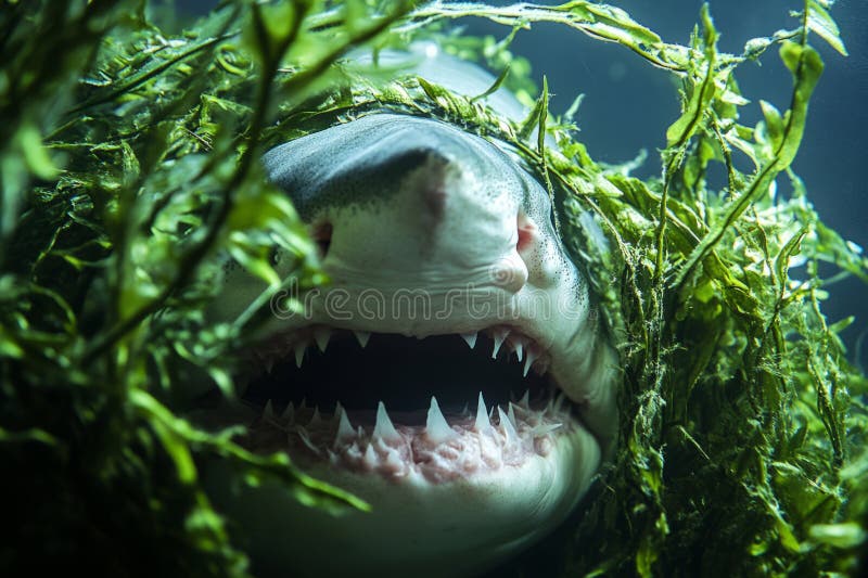 Great White Shark Hiding in Green Seaweed, Showing Its Open Mouth and ...