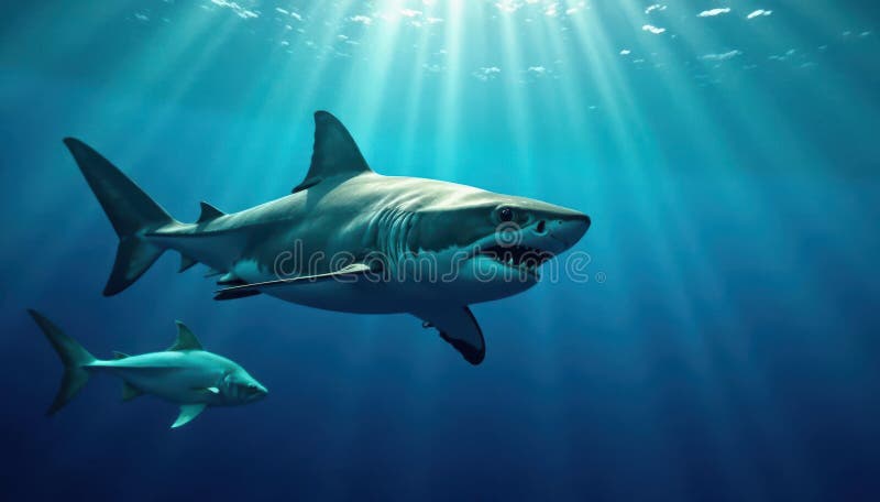 Great White Shark Hunting Small Fish in Blue Ocean, Zoology, Scale ...
