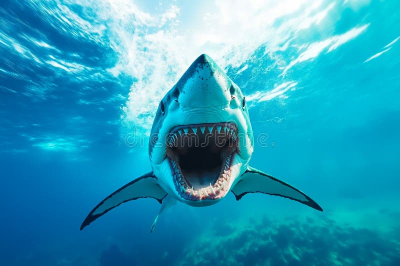 A Great White Shark with Its Mouth Open in the Ocean Stock Image - Image of animals, bubbles ...