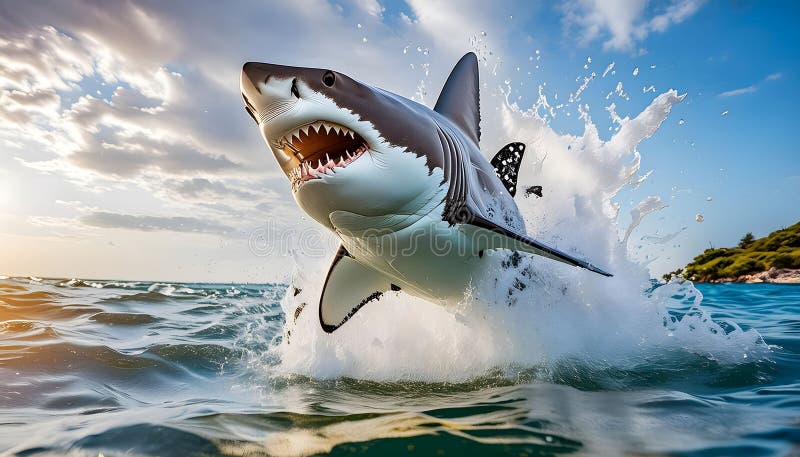 Great White Shark Jumping Out of Water Stock Illustration ...